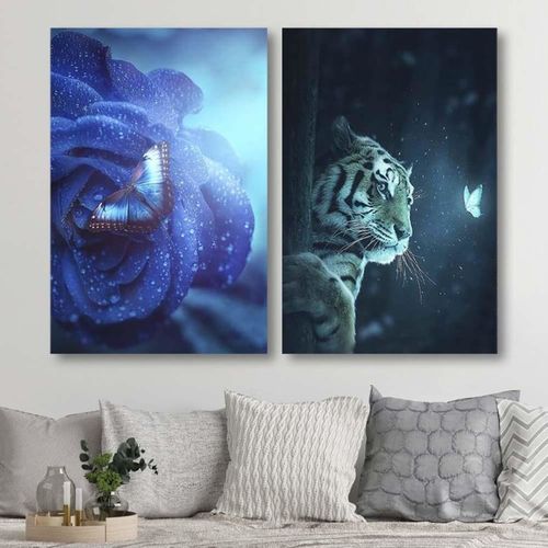 Tableau Papillon Bois Perché Sur Une Fleur 70 X 100 Cm Bleu - Tableau ...