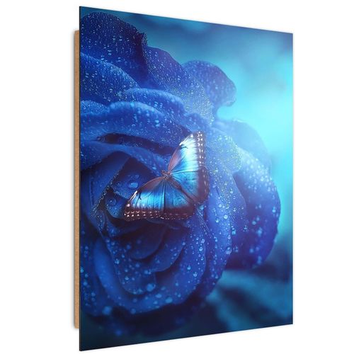 Tableau Papillon Bois Perché Sur Une Fleur 70 X 100 Cm Bleu - Tableau ...