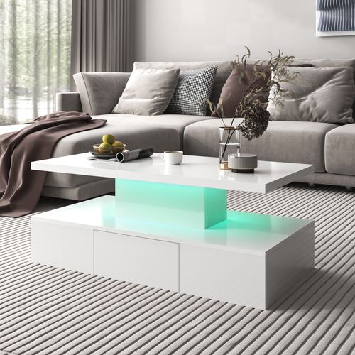 Table Basse De Rangement Avec LED - Aspect Brillant - Blanc - Table ...