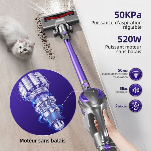 Aspirateur Balai Sans Fil 50KPa-Puissant 520w - autonomie 50min - 5-en-1 Anti-acariens ...