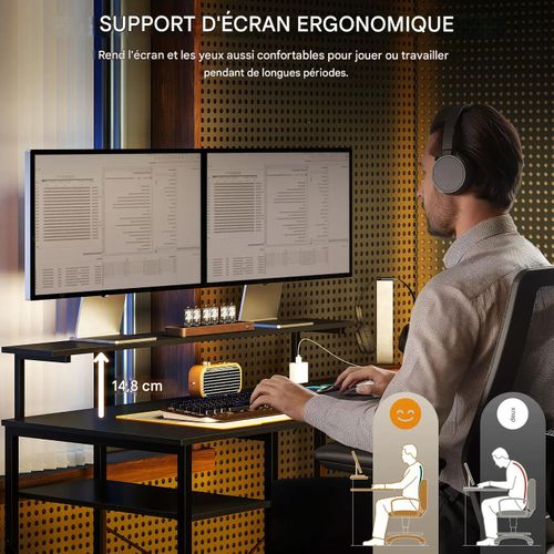 Bureau d’angle en L avec 6 étagères et station de charge USB, support ...