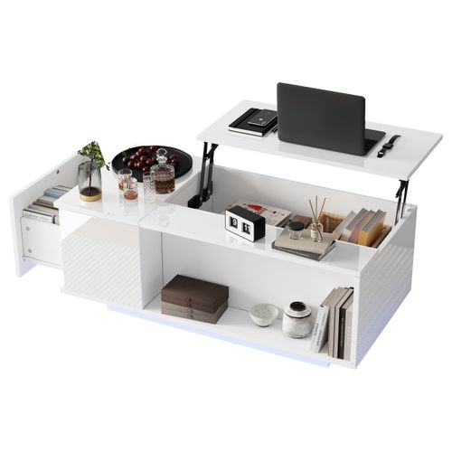 Table Basse Relevable Blanche Avec LED, Tiroir Et Grand Rangement ...