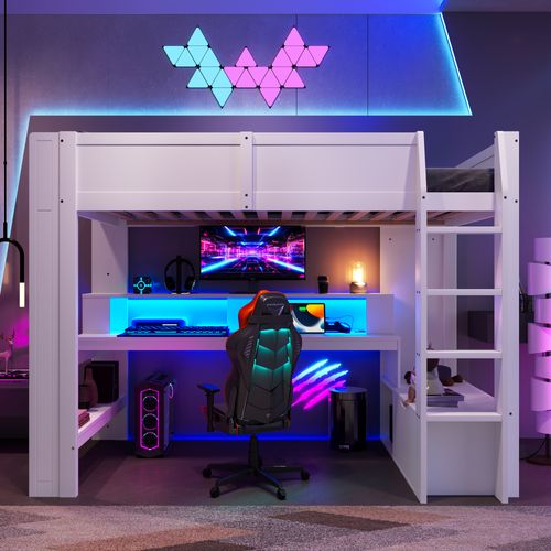 Lit Mezzanine 90x200 Pour Gamer Avec Bureau, LED Multicolores Et ...