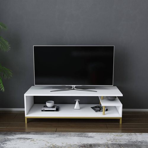 Meuble TV Design Kyrisa L120cm Métal Or Et Bois Blanc - Meuble TV BUT