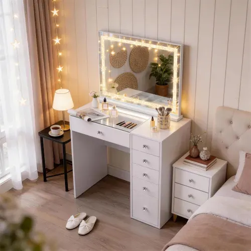 Coiffeuse avec Miroir à Éclairage LED Dimmable Blanc 92cm 6 Tiroirs ...