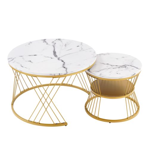 Table Basse Gigogne Ronde, Ensemble De 2, Placage De Marbre, Cadre De ...