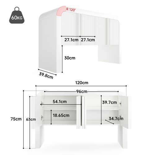 Buffet Avec Coins Arrondis, 4 Portes Magnétiques, Blanc, 120x39.8x75 Cm ...
