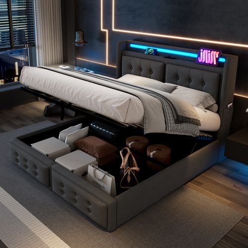 Lit Double Hydraulique Rembourré Pour Adulte 180x200cm, Tête De Lit LED ...