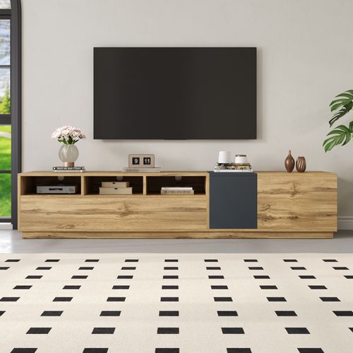 Support TV moderne 200cm, couleurs contrastées, compartiments ouverts ...