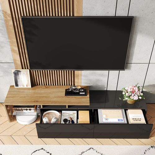 Meuble TV Moderne Avec LED, Commode Avec Rangement , Étagères En Verre, 170x33x33.5cm, Noir ...