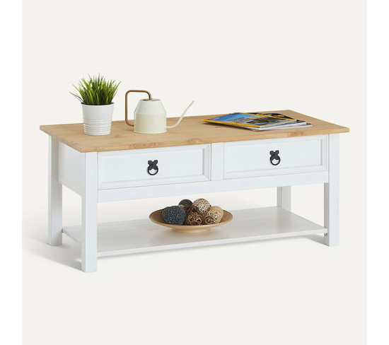 Table Basse Tequila Style Mexicain Avec 2 Tiroirs, En Pin Massif Blanc ...